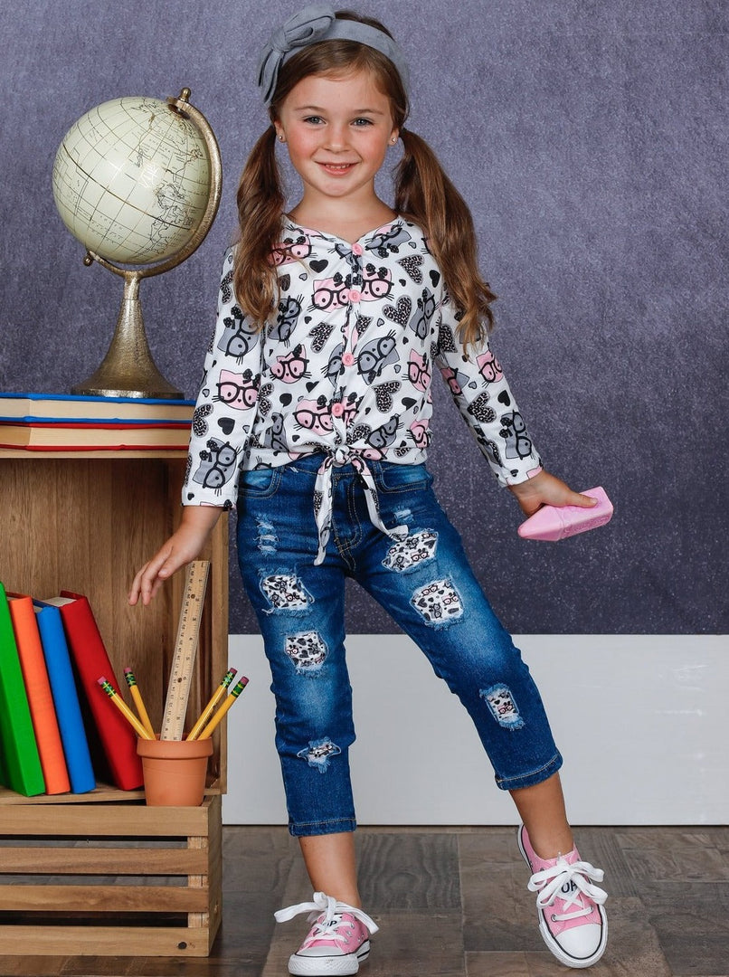 Small Classic Mia Belle Girls Smart Kitten Knot Top & Patched Jeans Set ...