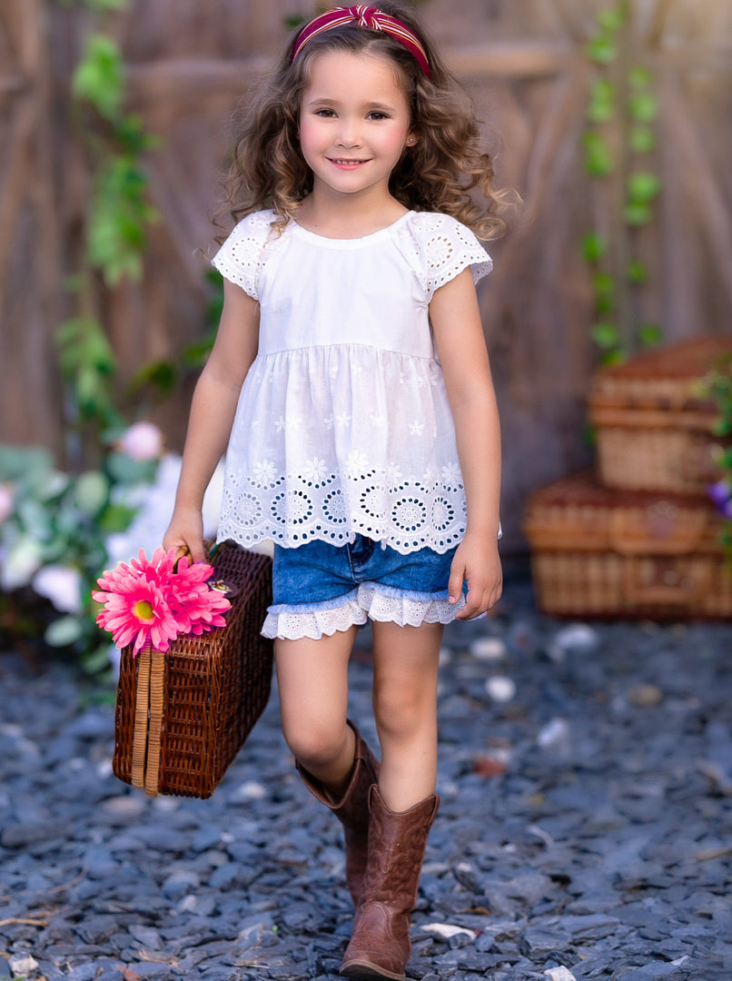 Mia Belle Girls Matching Sets Little Miss Sunshine Eyelet Top & Denim ...