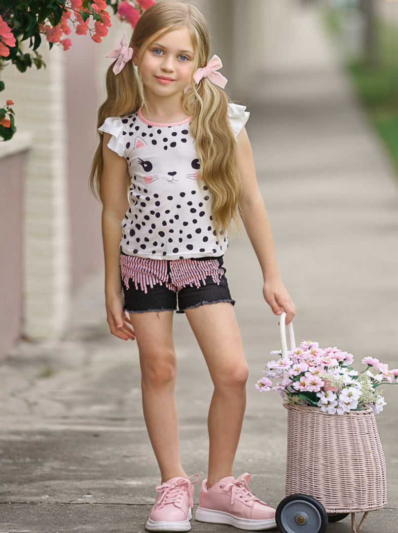 Shop Mia Belle Girls Matching Sets Polka Dot Kitty Top & Sequin Denim ...